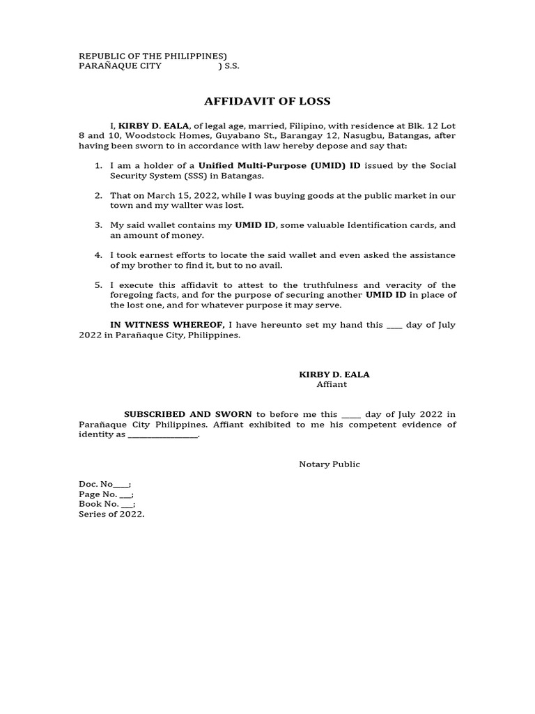 Sample-Affidavit-of-Loss-UMID-ID | PDF