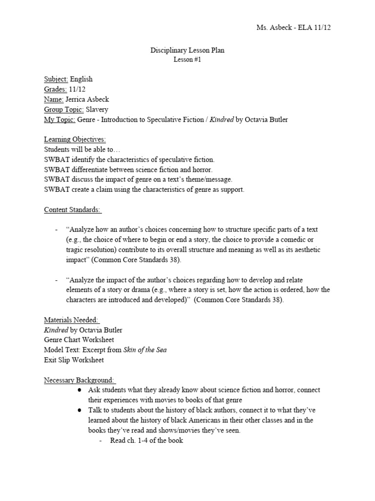 Kindred - Spec | PDF | Genre | Lesson Plan