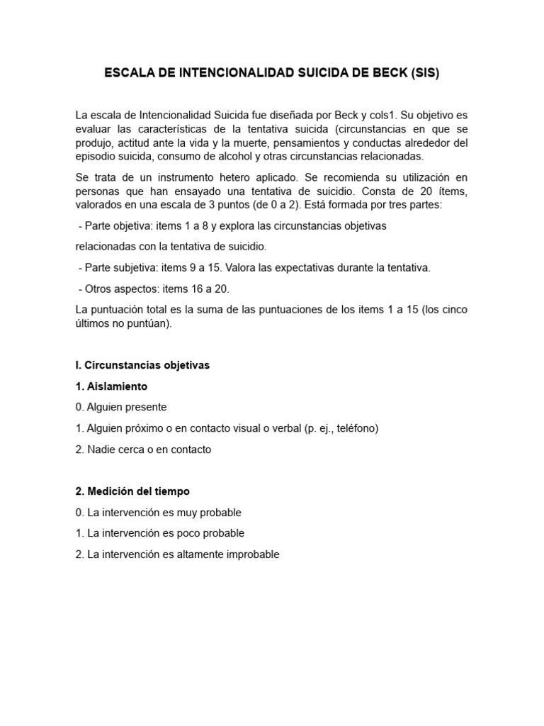 ESCALA DE INTENCIONALIDAD SUICIDA DE BECK | PDF | Suicidio