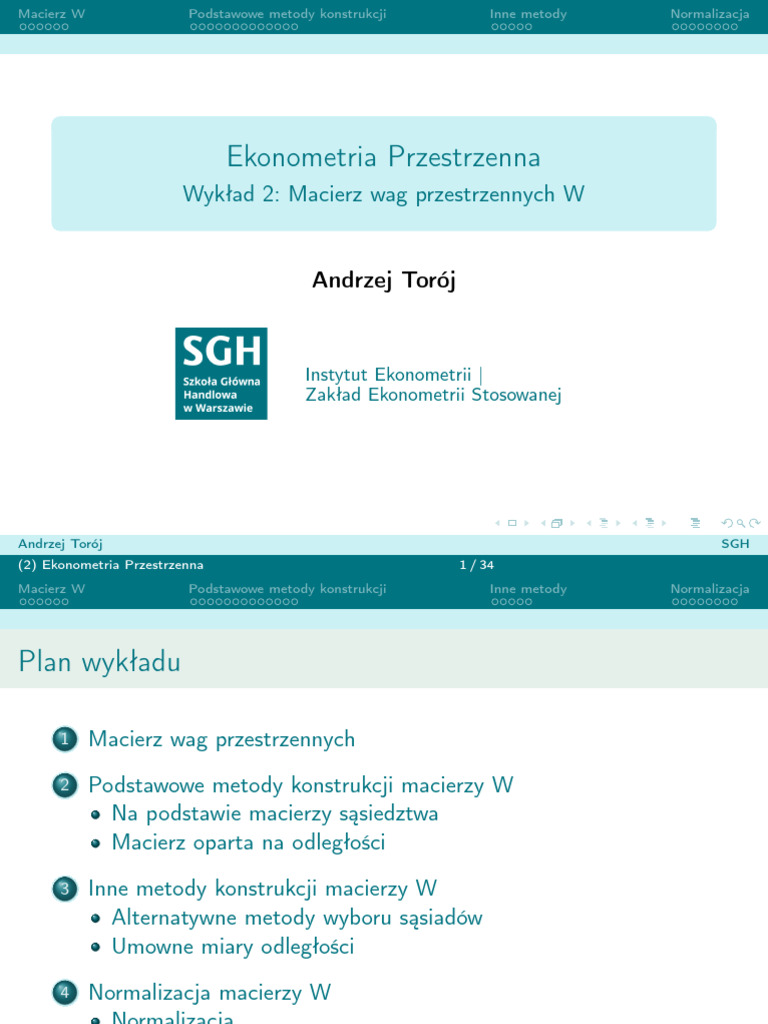 Ekonometria Przestrzenna: Wykład 2: Macierz Wag Przestrzennych W | PDF