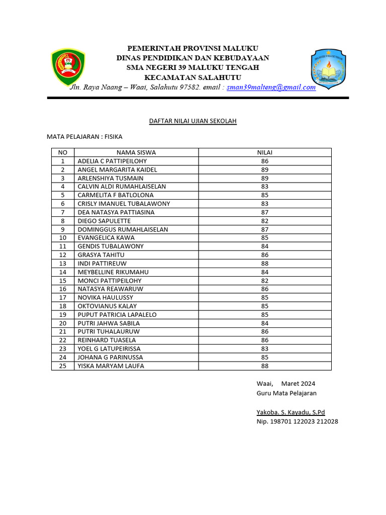 Daftar Nilai Us 2024 | PDF