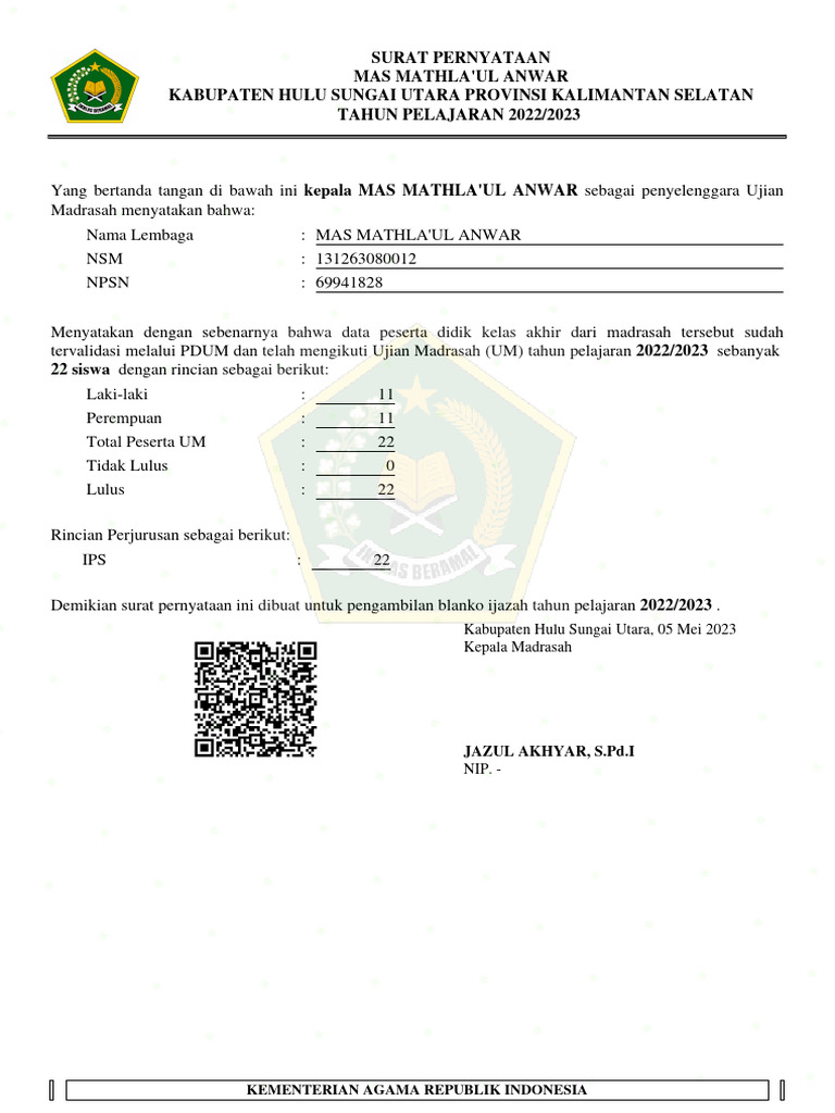 Surat Pernyataan Kelulusan 2023 | PDF