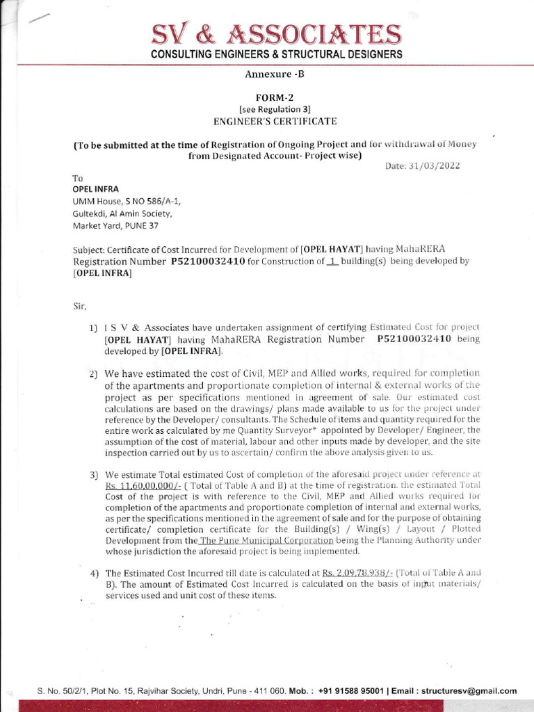 1 Engineer's Certificate On Cost Incurred On Project (Form 2) | PDF ...