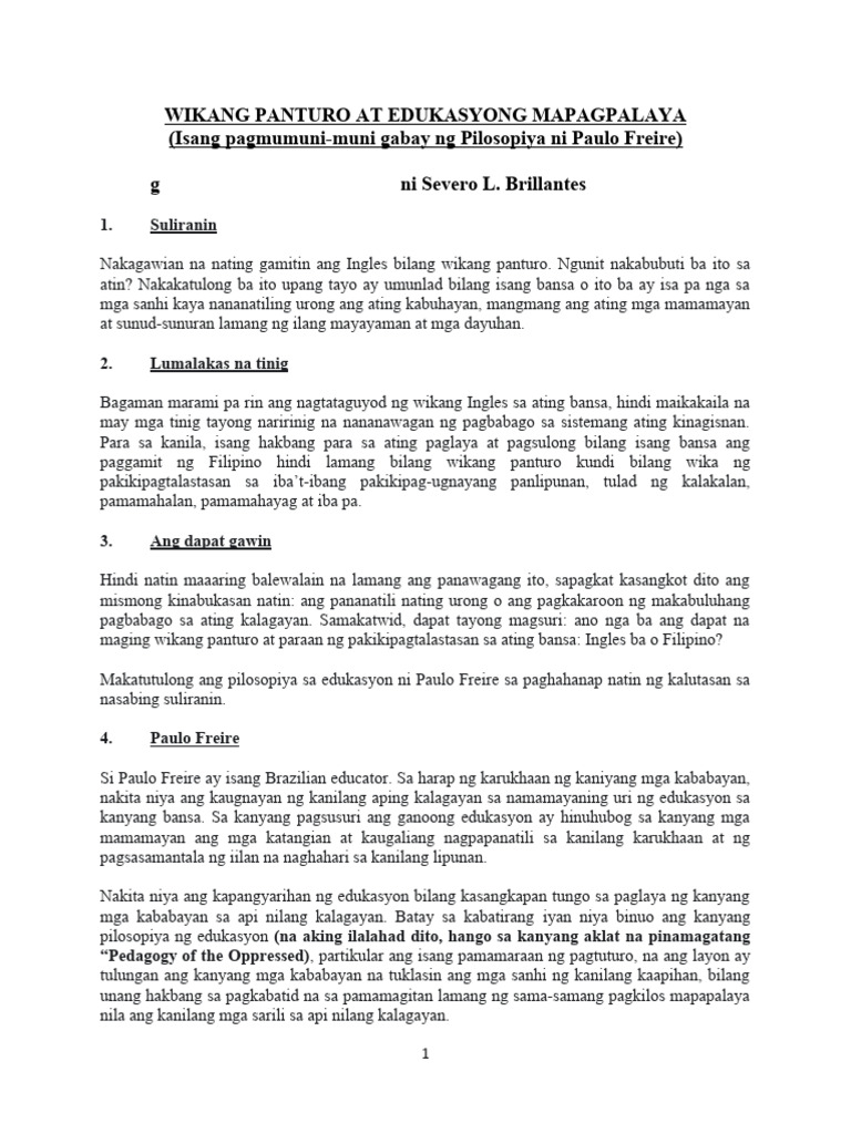 Ic. Wikang Panturo at Edukasyong Mapagpalaya | PDF