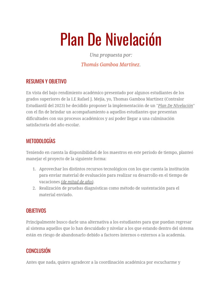 Plan De Nivelación Escolar Pdf Evaluación