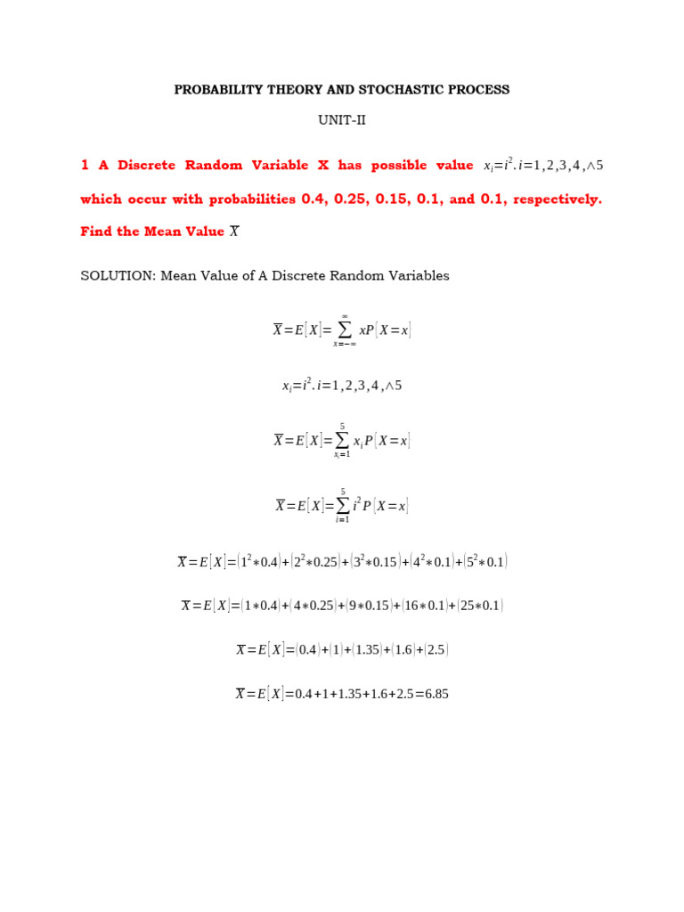 Probability Theory and Stochastic Process Unit Two Problems | PDF | Probability Theory | Random ...