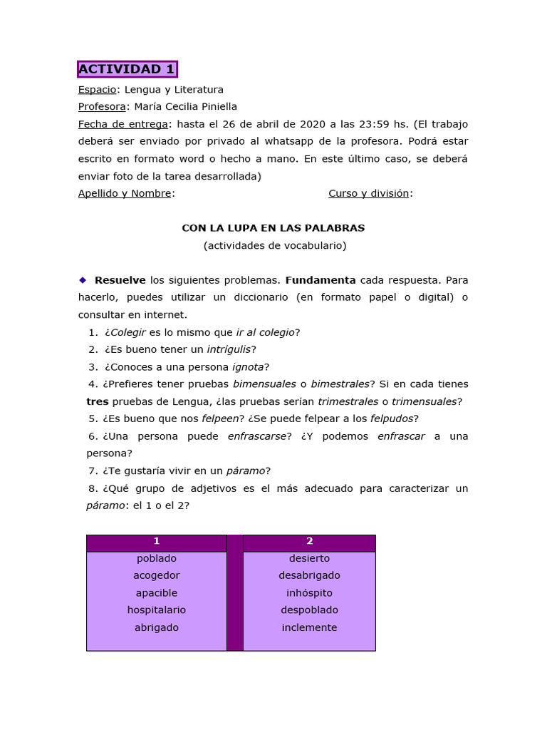 Actividades de Vocabulario en Lengua | PDF