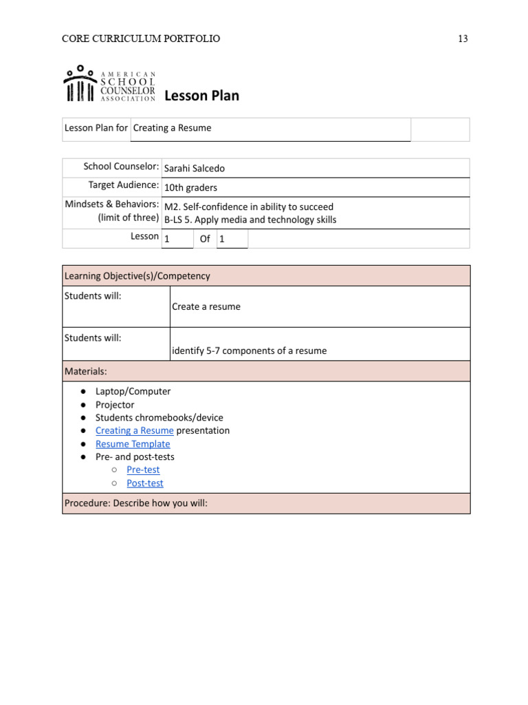 Lesson Plan Core Curriculum Portfolio Final | PDF | Learning | Cognition