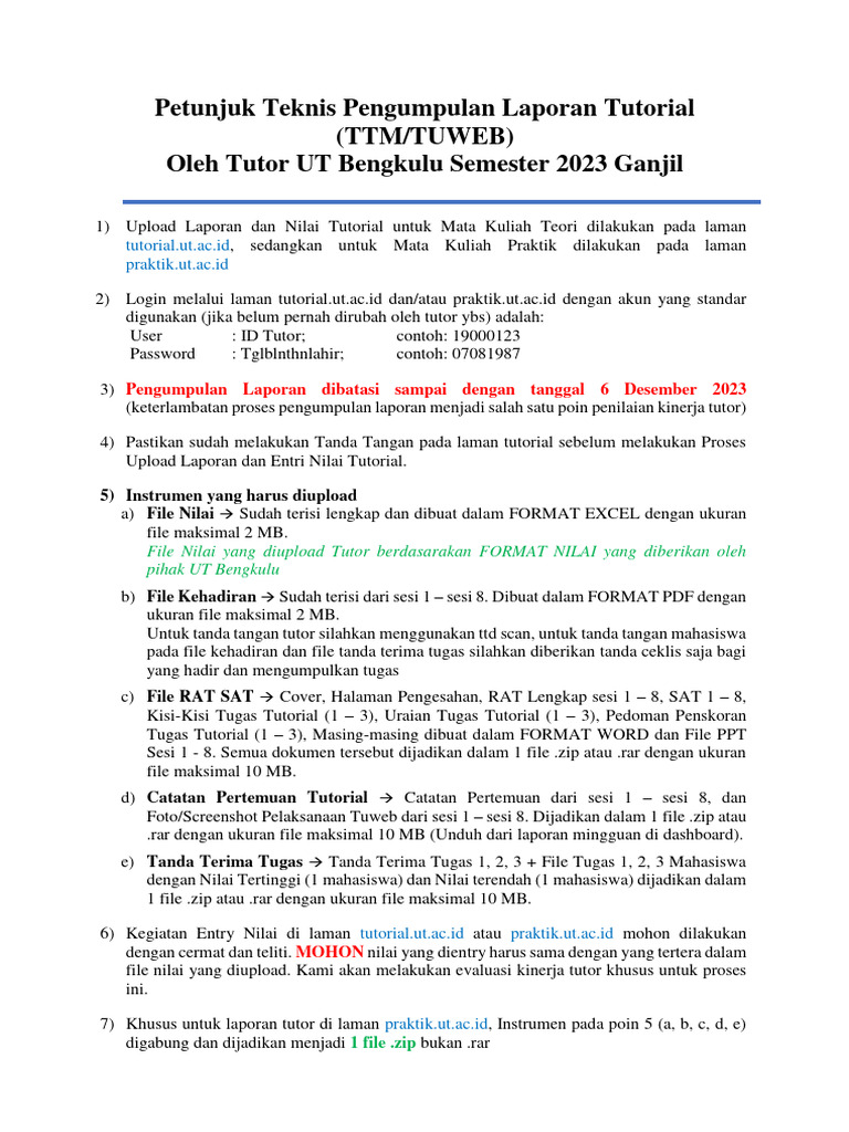 Juknis Pengumpulan Laporan Tutorial Masa 20232 | PDF