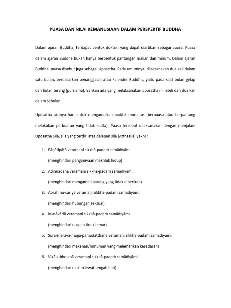 Puasa Dan Nilai Kemanusiaan Dalam Perspektif Buddha | PDF