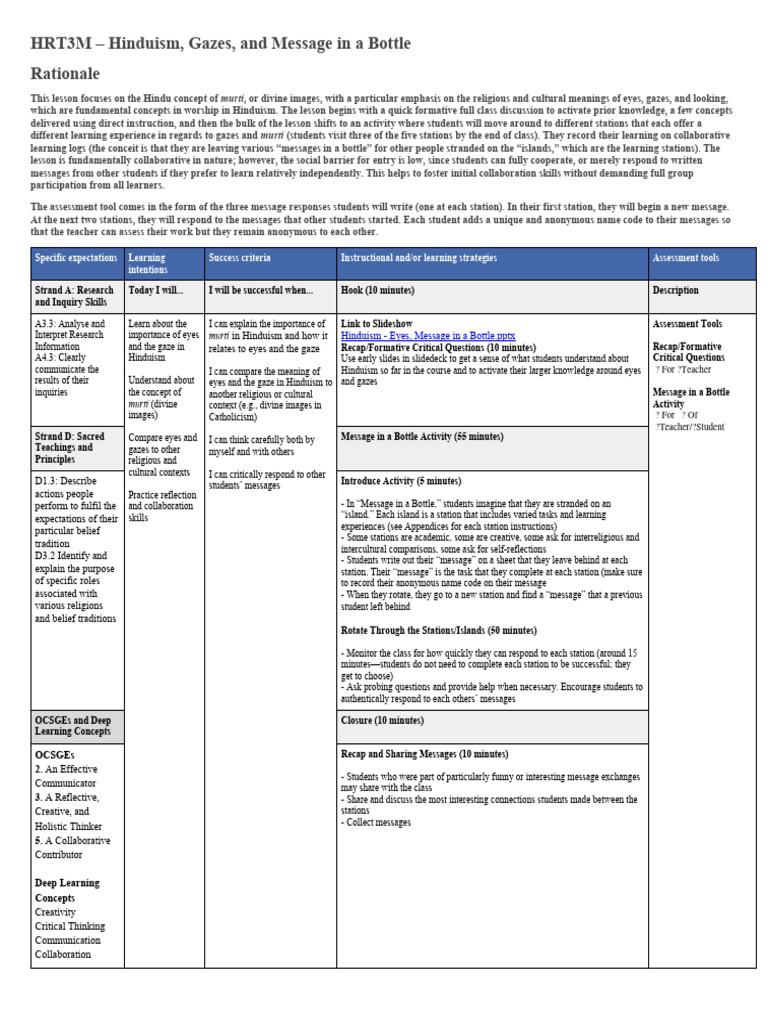 Lesson Plan hrt3m - Hinduism Gazes and Message in A Bottle | PDF | God ...