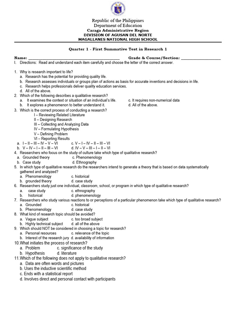 1st summative test in practical research 1 | PDF | Qualitative Research ...