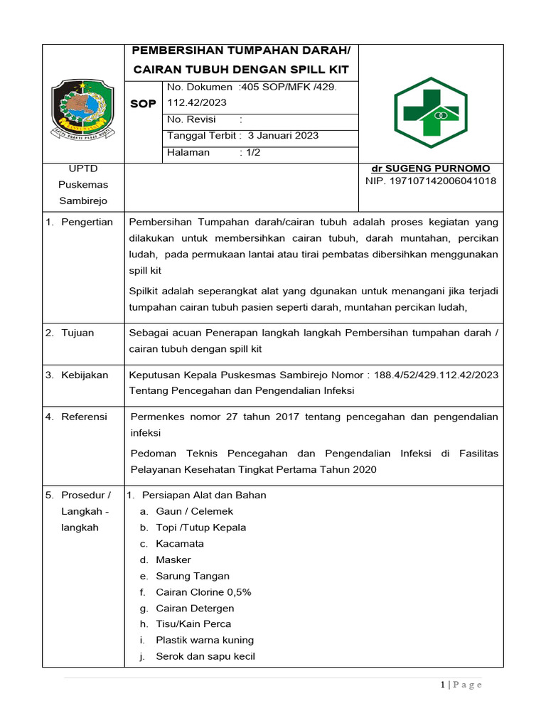 Sop Pembersihan Tumpahan Cairan Tubuh | PDF | Sains & Matematika