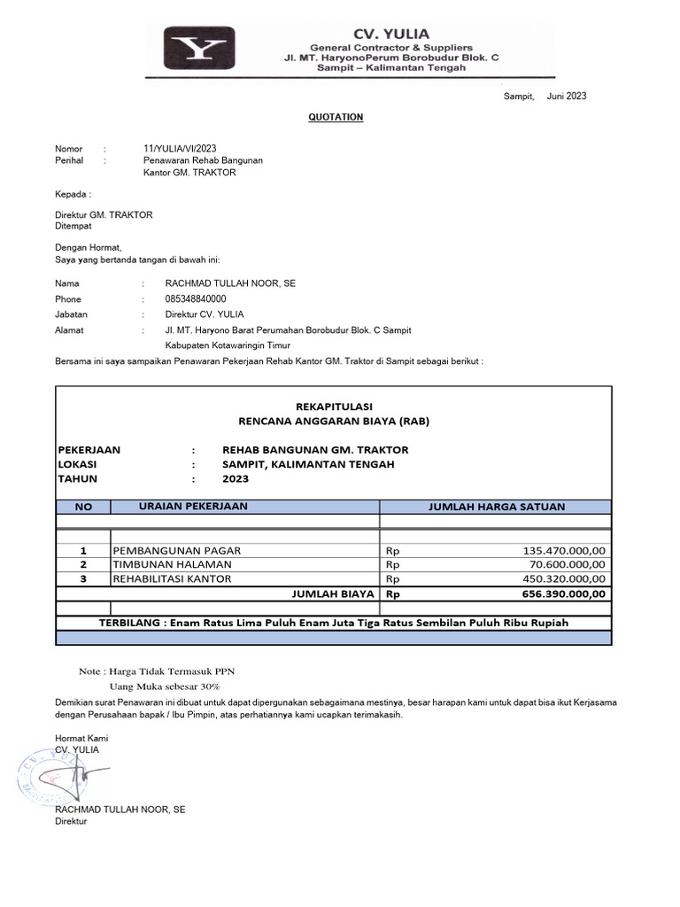 Penawaran CV. YULIA Rehab Kantor Ref 1-1 | PDF | Griya & Taman