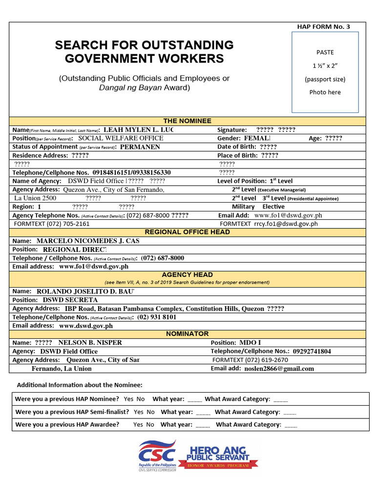 HAP Nomination Form 3 (Dangal NG Bayan) | Download Free PDF | Non ...