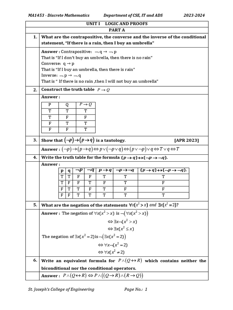 P P Q P PQ P PQ TQ T: MA1453 - Discrete Mathematics Department of CSE, IT and ADS 2023-2024 ...