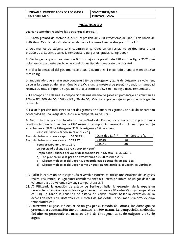 Practica 2 Gases Ideales Ejercicios | PDF | Gases | Vapor de agua
