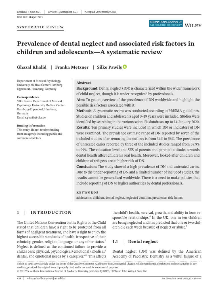 Int J Paed Dentistry - 2021 - Khalid - Prevalence of Dental Neglect and ...
