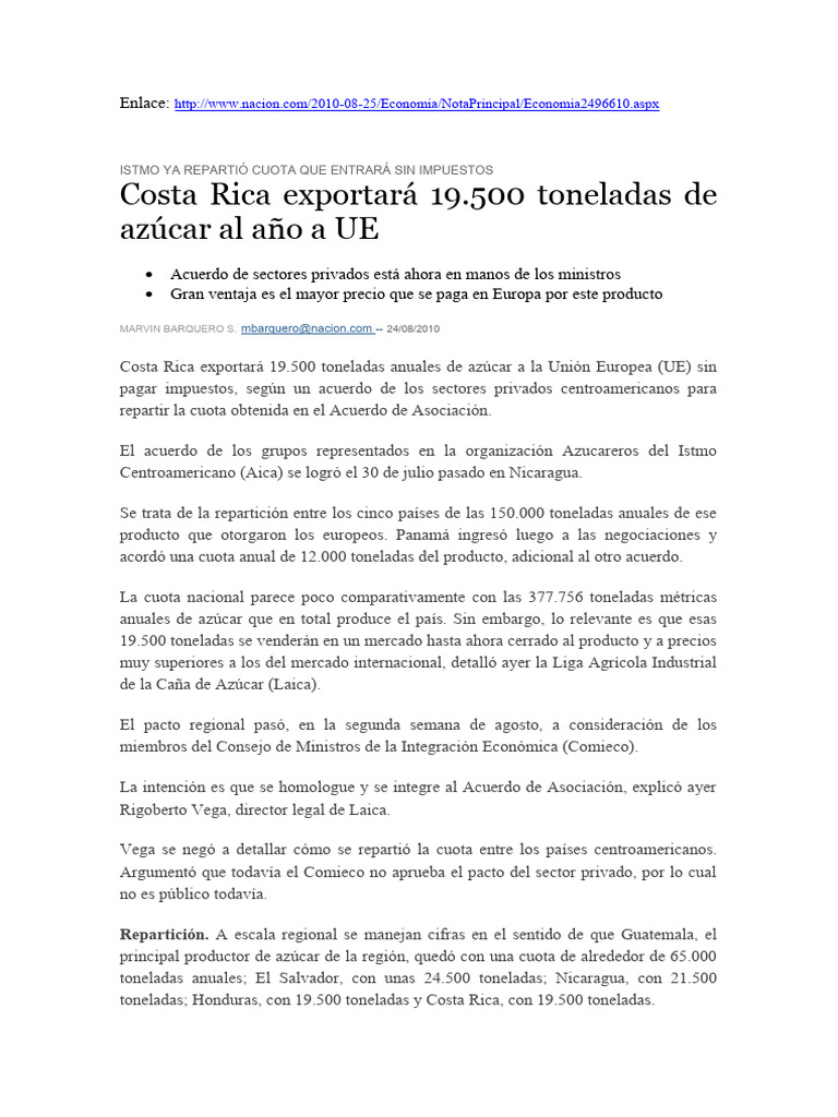 Costa Rica Exporta 19.500 Toneladas de Azucar Al Año A UE | PDF ...