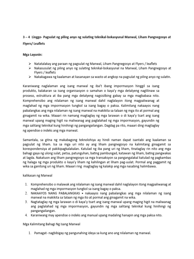 3 - 4 Linggo-Pagsulat NG Piling Anyo NG Sulating Teknikal-Bokasyunal ...