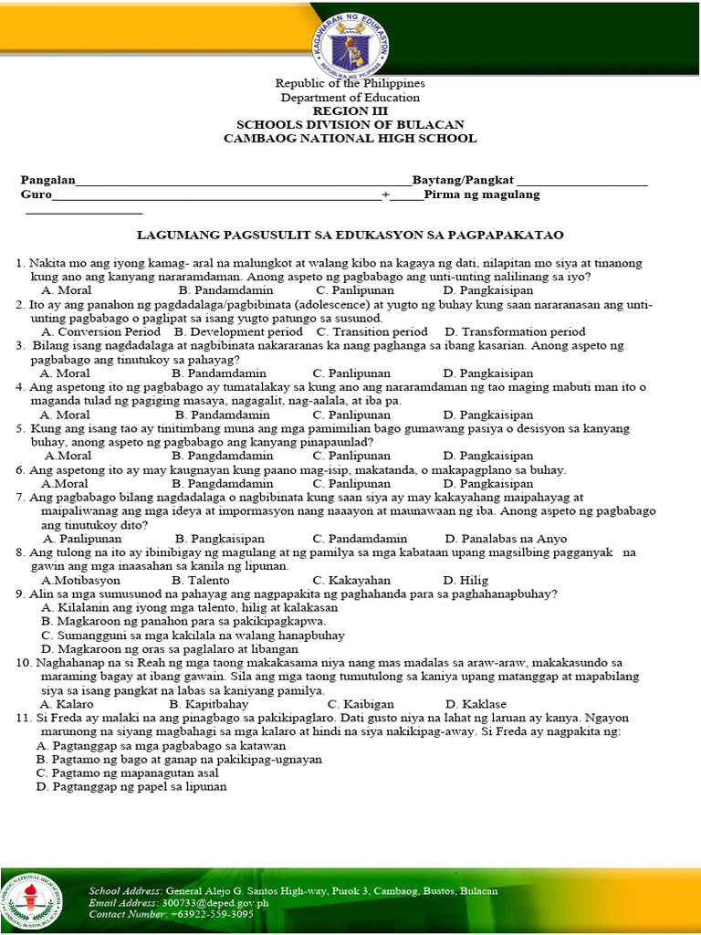 1st Summative EsP 7 | PDF