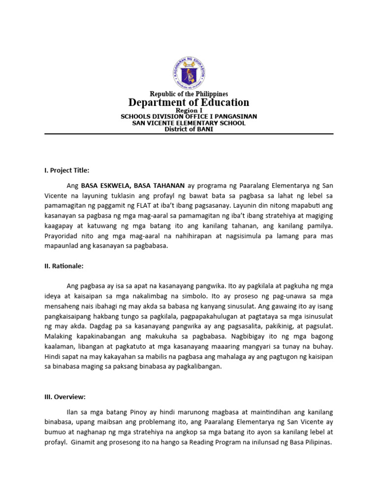 Basa Eskwela Basa Tahanan Reading Program | PDF