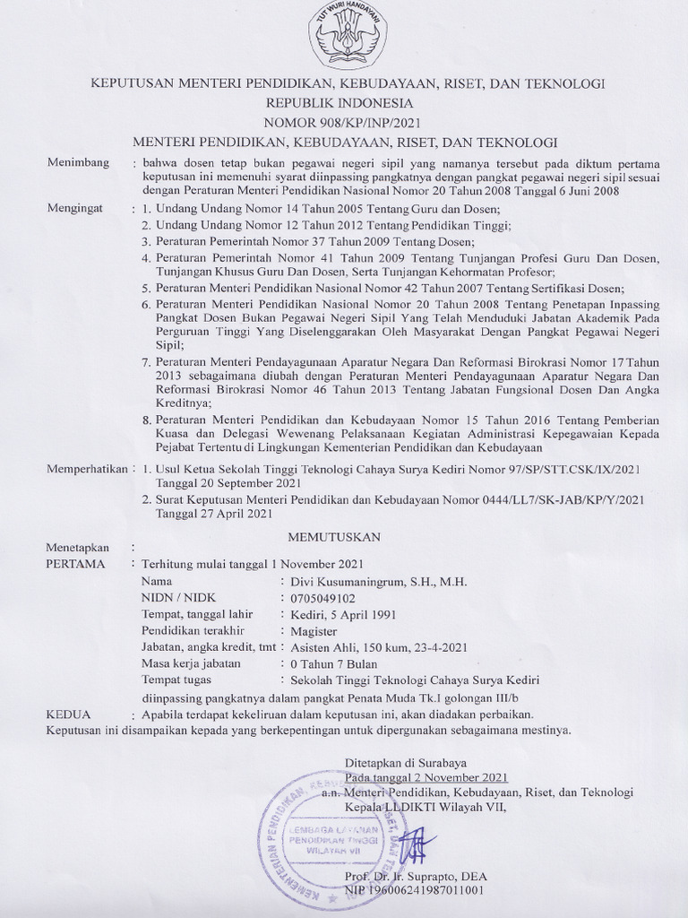 SK Inpassing Divi Kusumaningrum SH MH | PDF