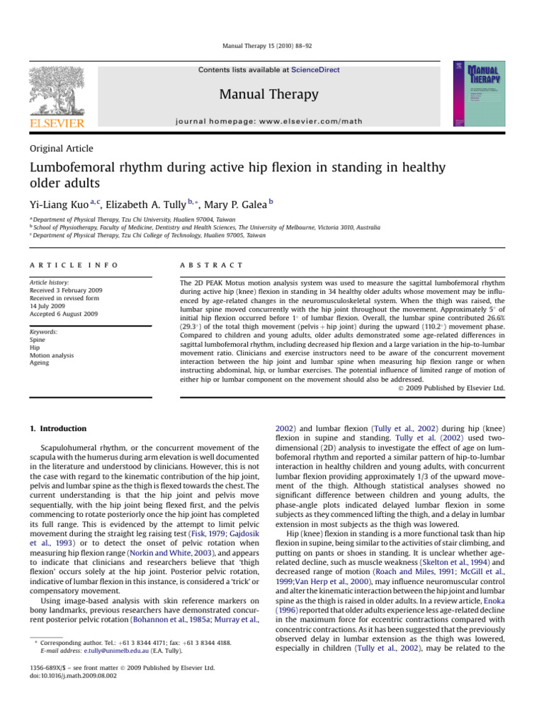 Lumbofemoral Rhythm During Active Hip Flexion in Standing in Healthy ...