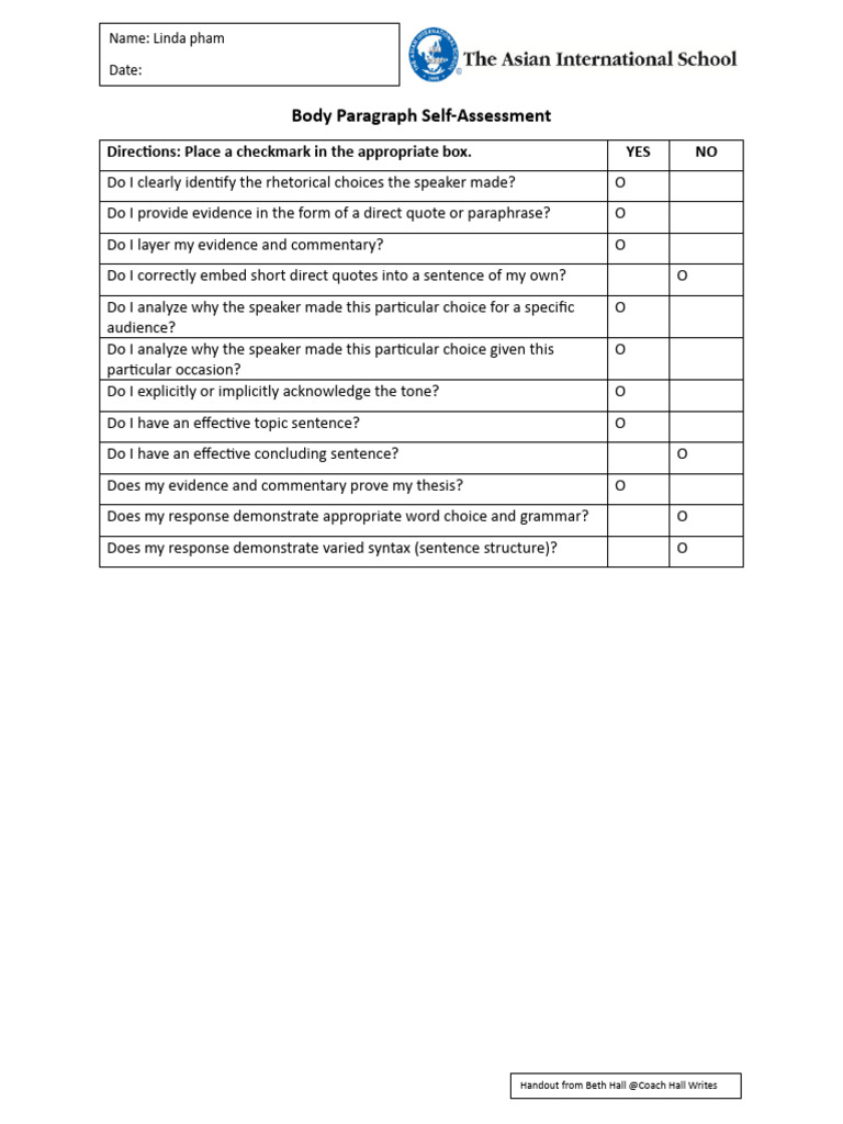 Body Paragraph Self-Assessment | PDF | Syntax | Grammar