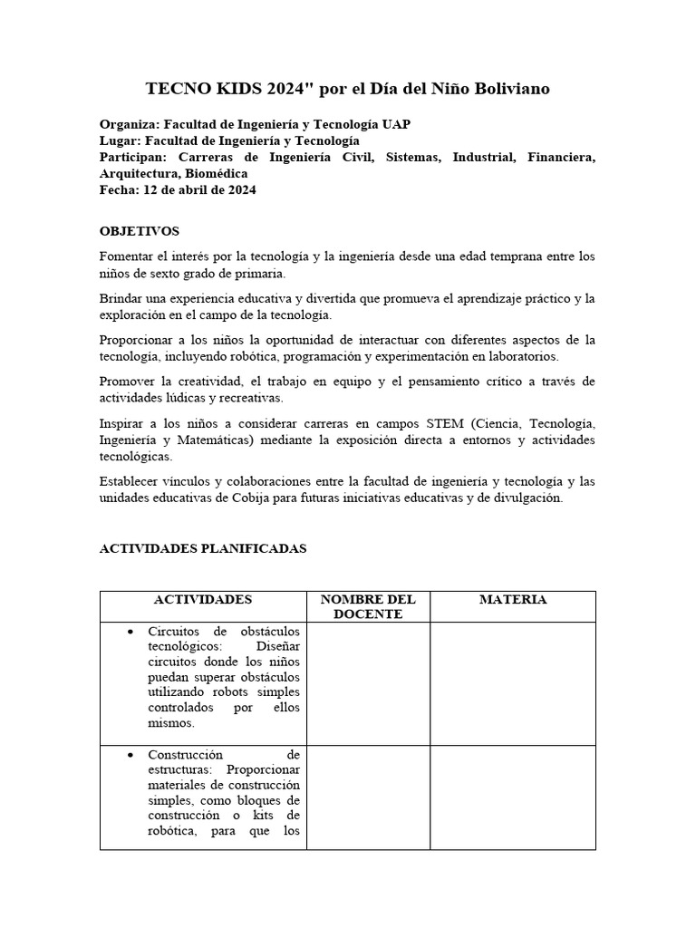 TECNO KIDS 2024: Día del Niño Boliviano | PDF | Ingeniería | Robótica
