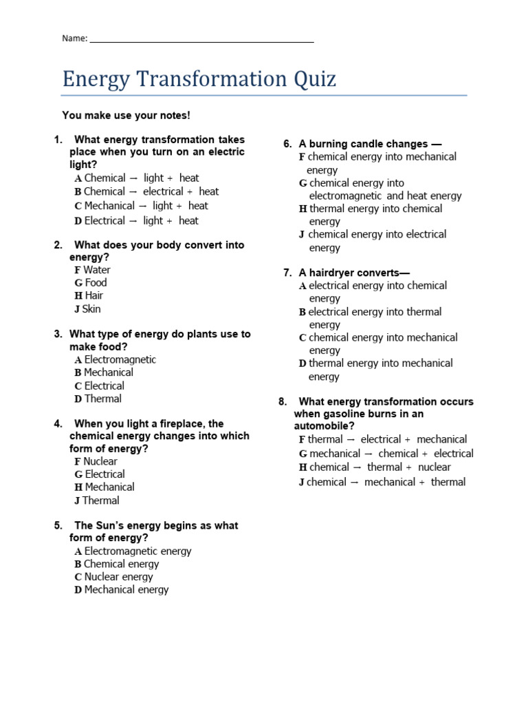 Energy Transformation Quiz | PDF | Power Station | Physical Phenomena
