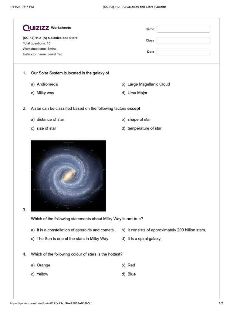 (SC F2) 11.1 (A) Galaxies and Stars - Quizizz | PDF | Galaxy | Stars