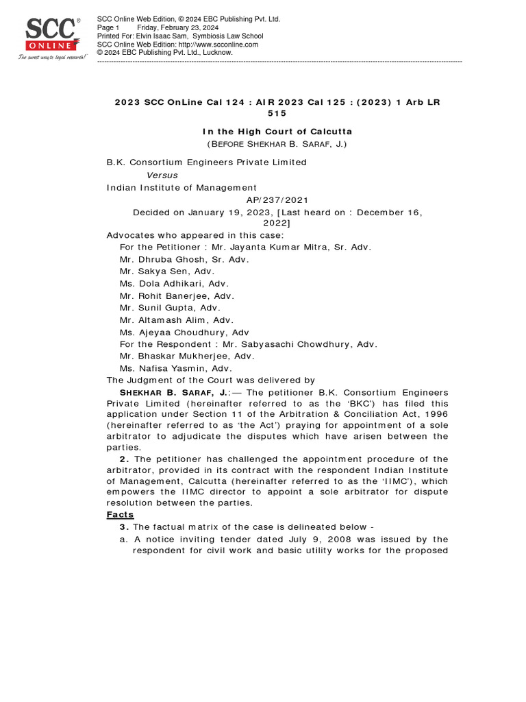 J 2023 SCC OnLine Cal 124 AIR 2023 Cal 125 2023 1 Arb 19010125478 Symlawacin 20240223 185031 1 ...