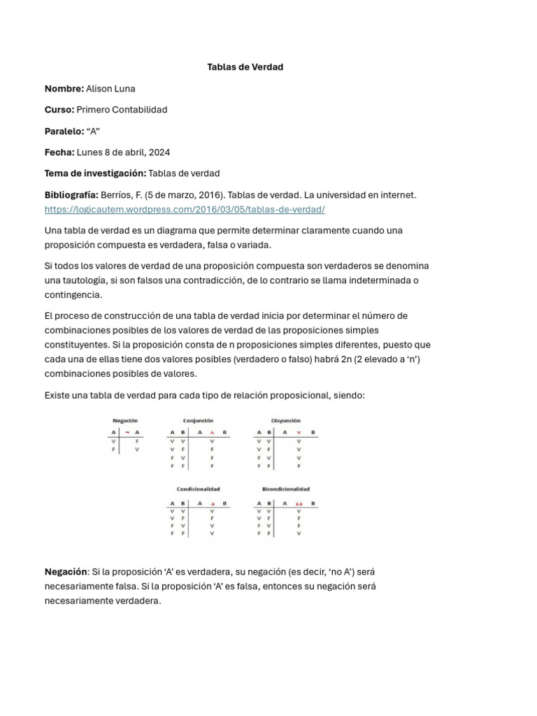 Tablas de Verdad | PDF | Proposición | Lógica
