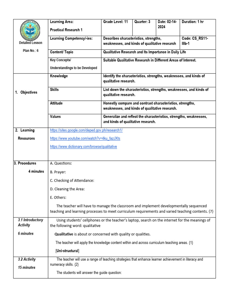 Qualitative Research Lesson Plan | PDF | Qualitative Research | Learning