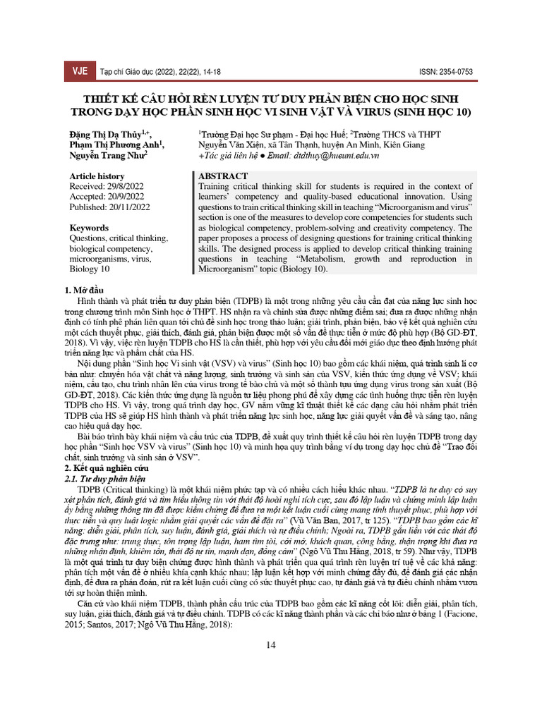 Thiết Kế Câu Hỏi Rèn Luyện Tư Duy Phản Biện Cho Học Sinh Trong Dạy Học Phần Sinh Học Vi Sinh Vật ...