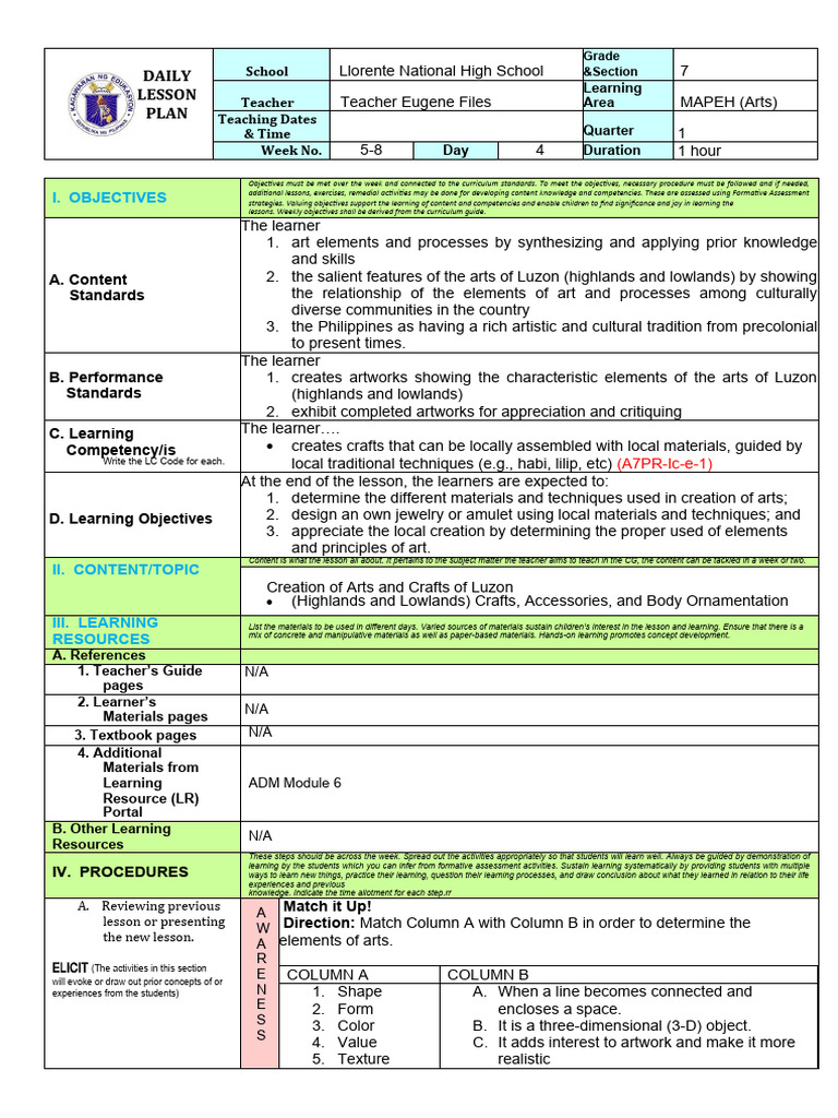 Q1 COT-LP - Arts 7 (Creation of Arts and Crafts of Luzon) | PDF | Learning | Cognition