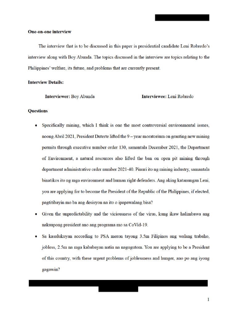 One-On-One Interview - Redacted | PDF