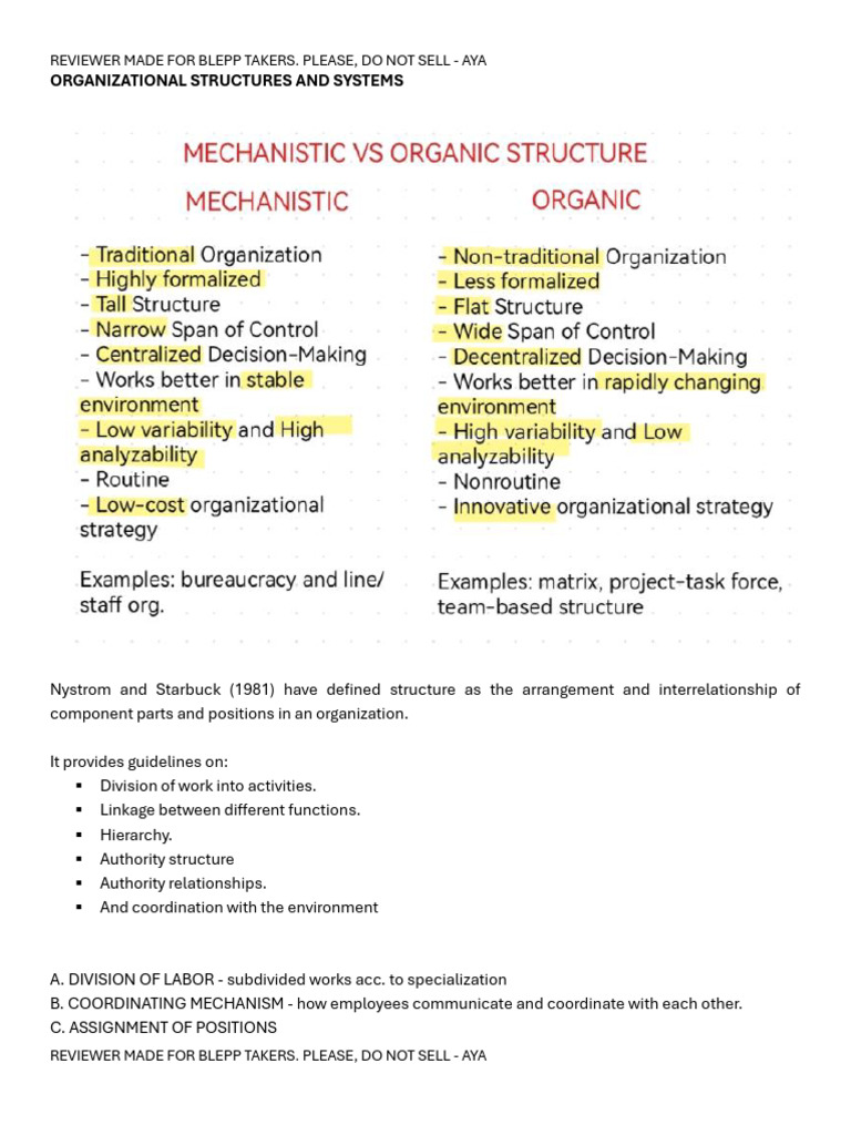 Organizational Structures and Systems Overview | PDF | Organizational ...