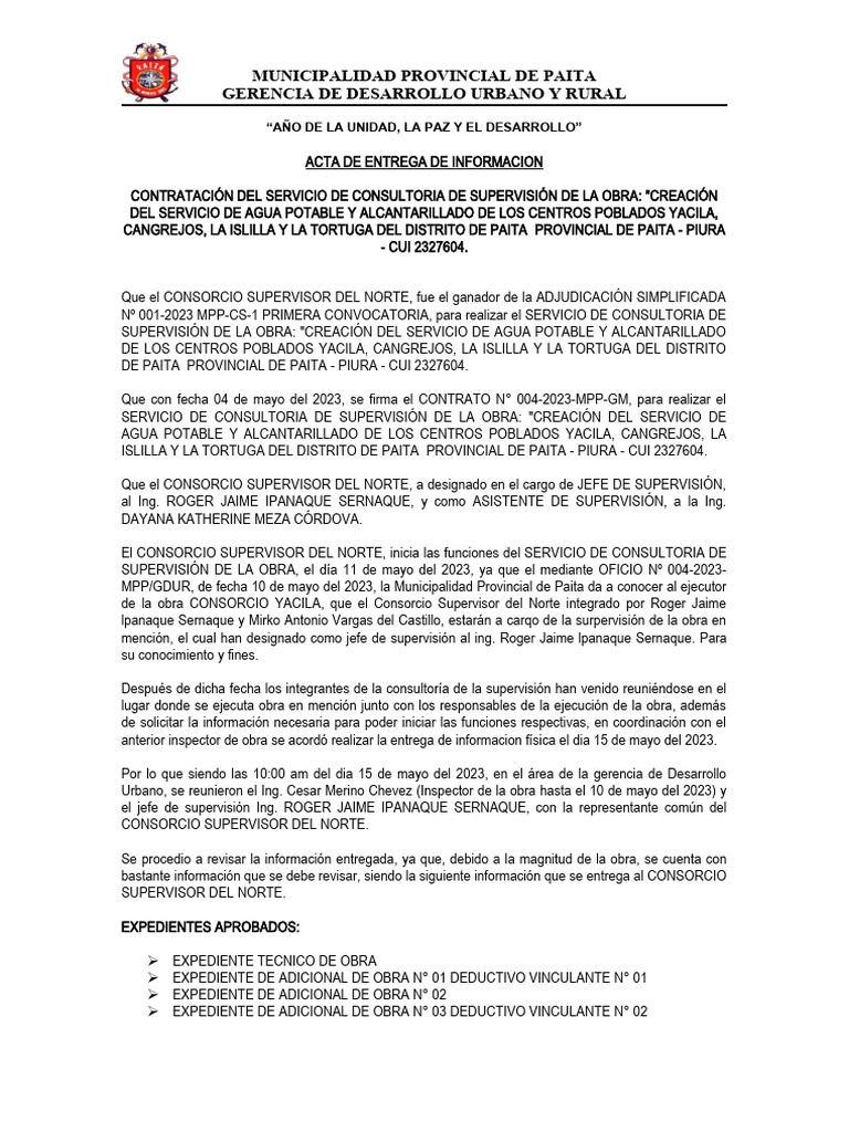 Acta de Entrega de Informacion | PDF