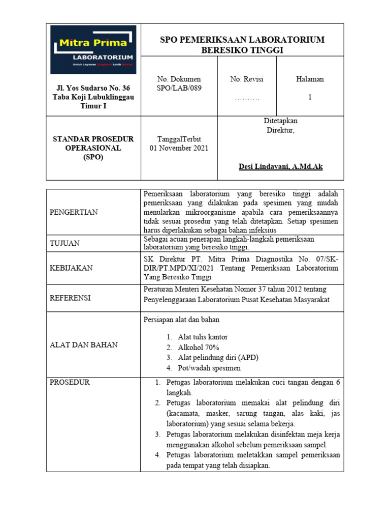 Mitra Sop Pemeriksaan Spesimen Resiko Tinggi | PDF