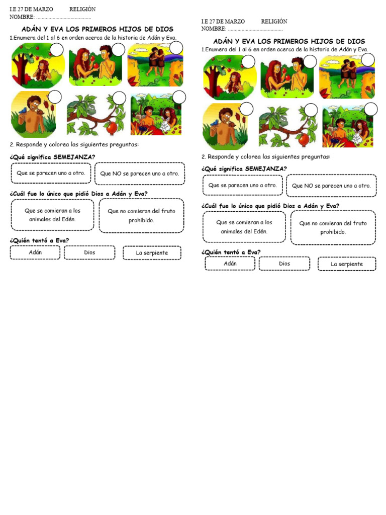 10 Mier Rel Ficha Tarea Adán y Eva Los Primeros Hijos de Dios | PDF ...