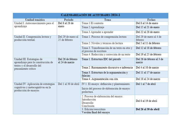 Calendarización de Actividades EAA 2024-1 | PDF | Comprensión lectora | Ensayos