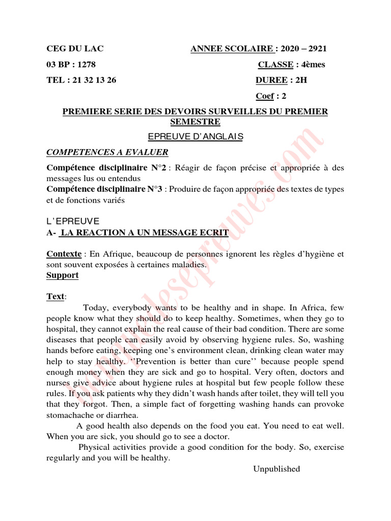 1er Devoir Du 1er Semestre Anglais 4ème 2020-2021 Ceg Du Lac | PDF | Medicine | Medical Specialties