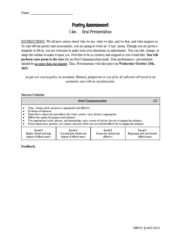 ASSESSMENT - I Am Poem | PDF | Poetry | Communication