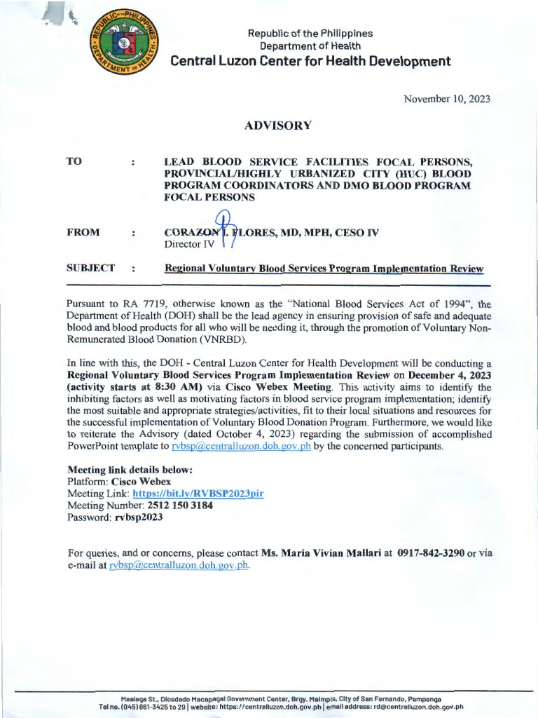 Advisory Regional Voluntary Blood Services Program Implementation ...