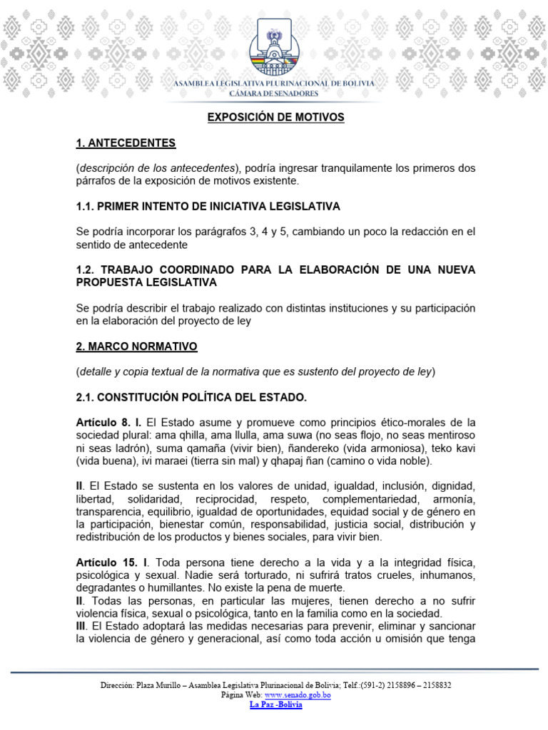MODELO DE EXPOSICIÓN DE MOTIVOS | PDF | Derecho Constitucional | Bolivia
