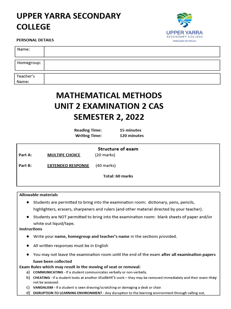 Math Methods Unit 2 Exam 2 2023 | PDF | Cartesian Coordinate System