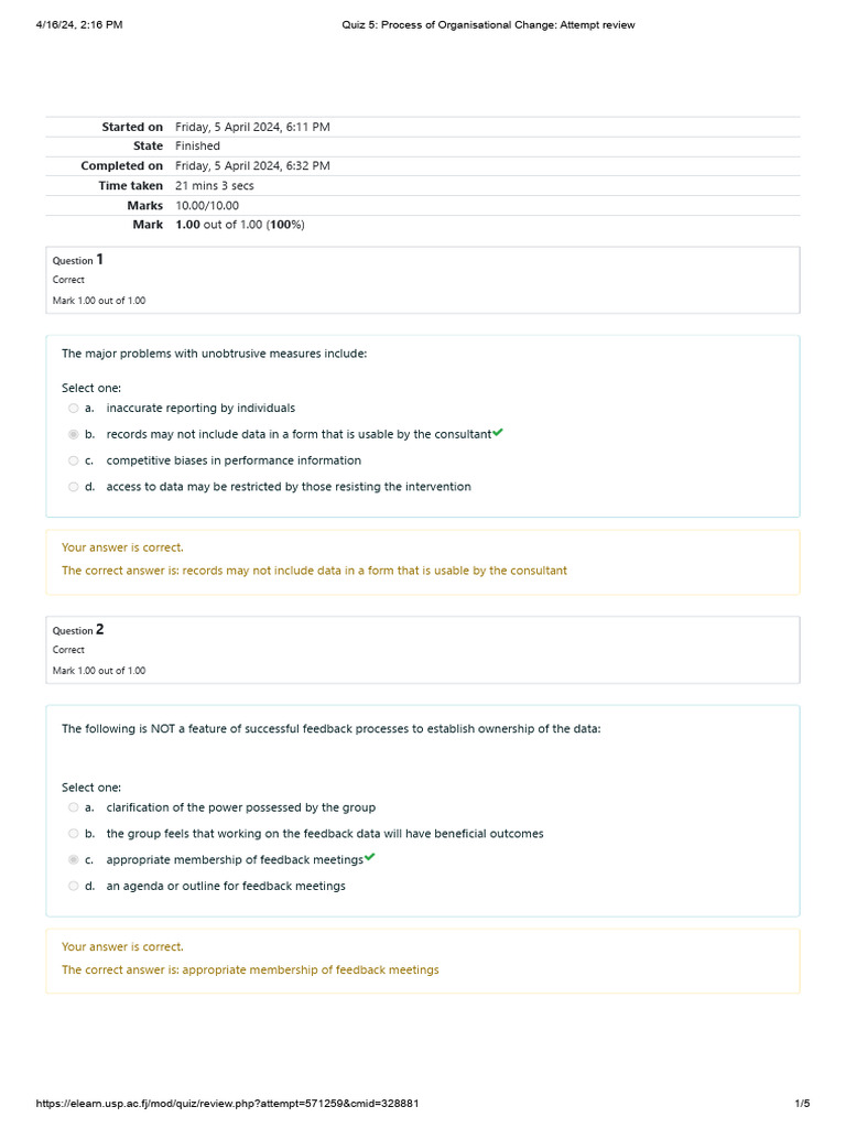 Quiz 5 - Process of Organisational Change - Attempt Review | PDF | Organization Development ...