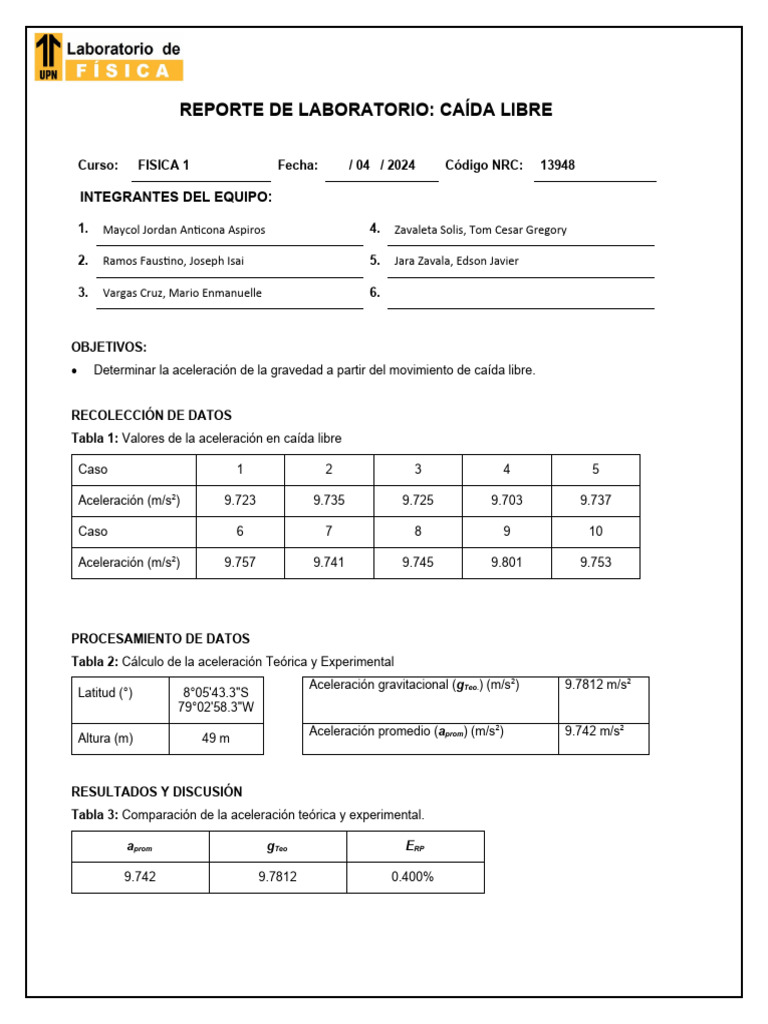 Reporte Lab Fisi1 S03 CL 2024 | PDF | Gravedad | Masa